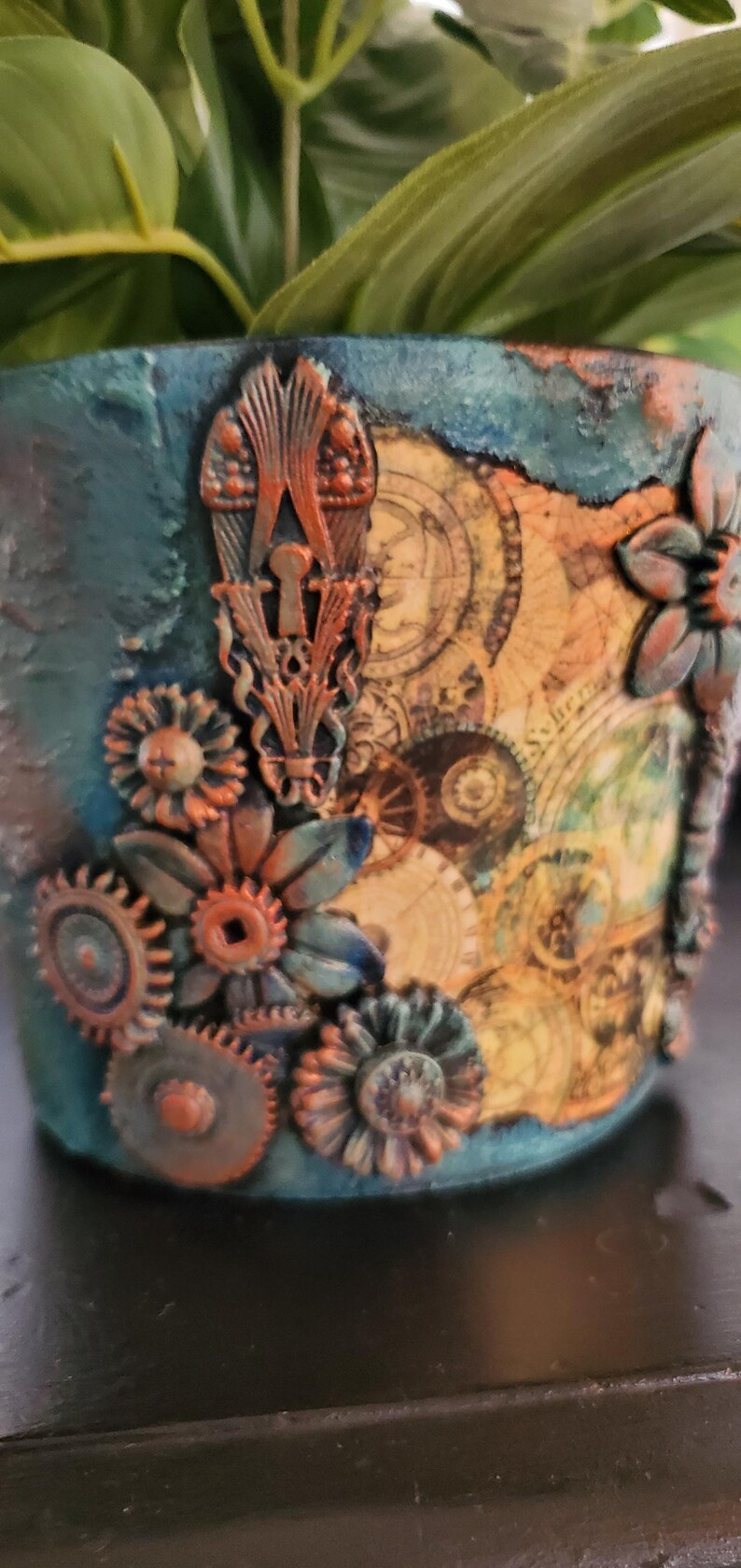 Whimsical, Steampunk Design Decorative Pot With Vintage Gear and Globe ...