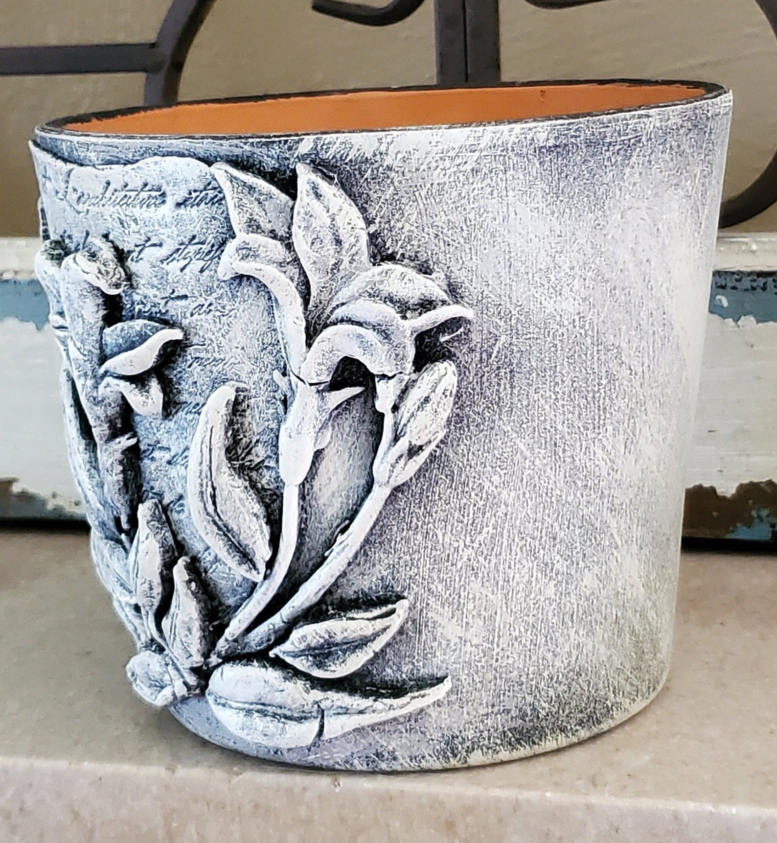 Flowerpot, French Letter With Molded Lilies Clay Relief, Distressed ...