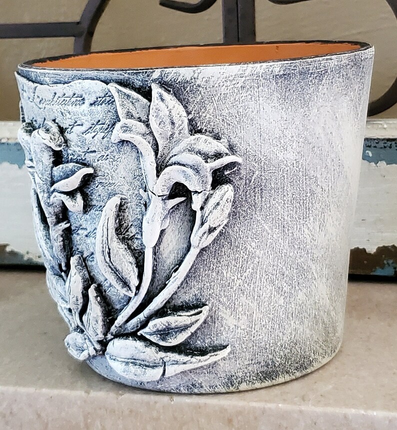 Flowerpot, French Letter With Molded Lilies Clay Relief, Distressed ...