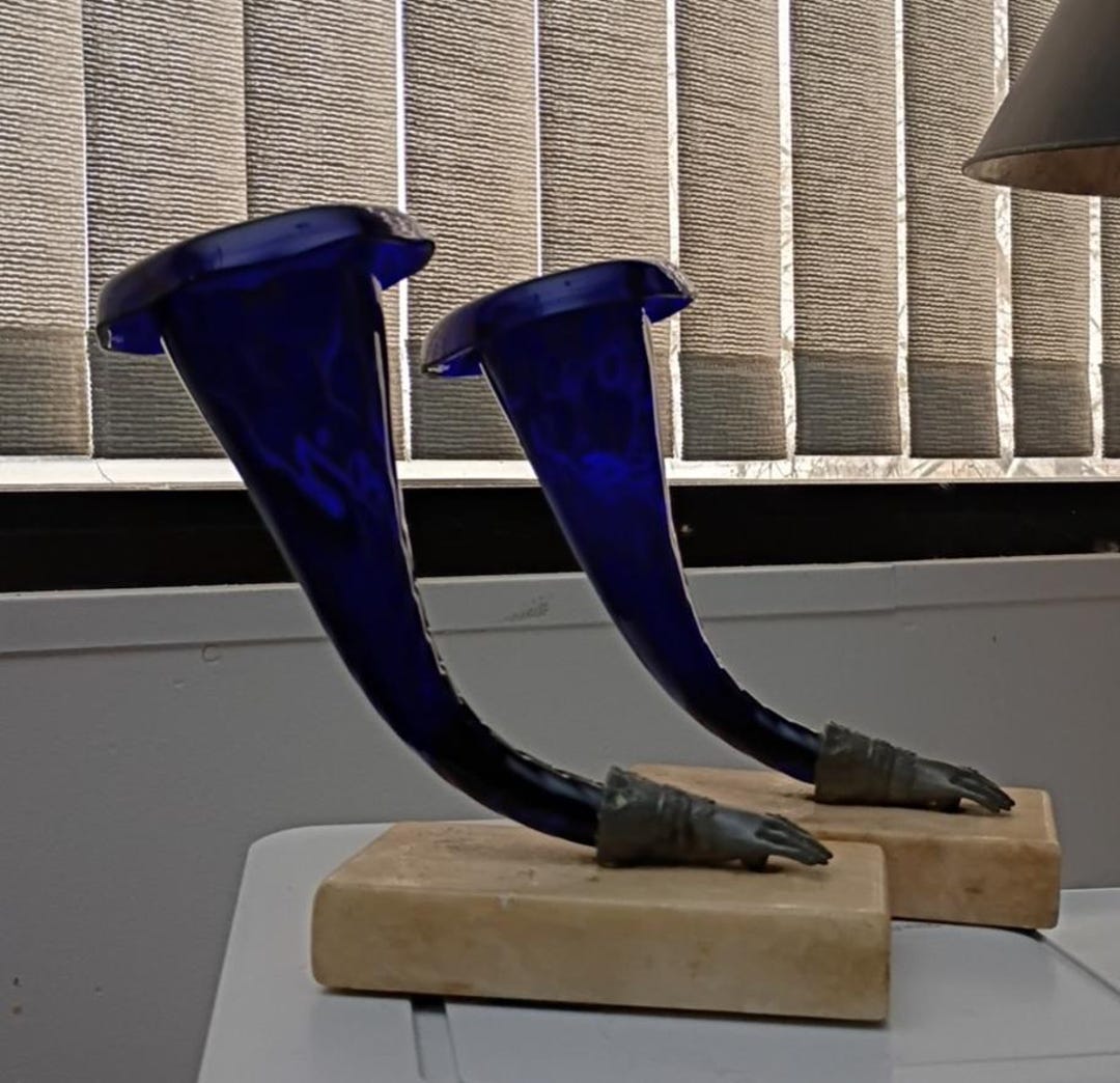 Pair Cobalt Blue Victorian Cornucopia Trumpet Hand Victorian Glass ...