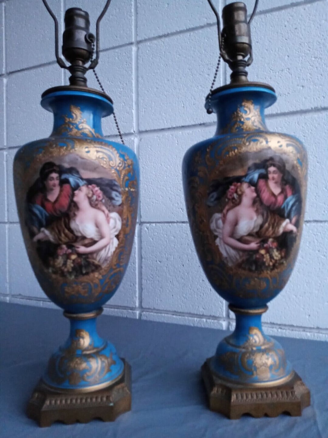 Pair Antique French Porcelain Bronze Celeste Blue Urn Lamps 29" "rodin ...