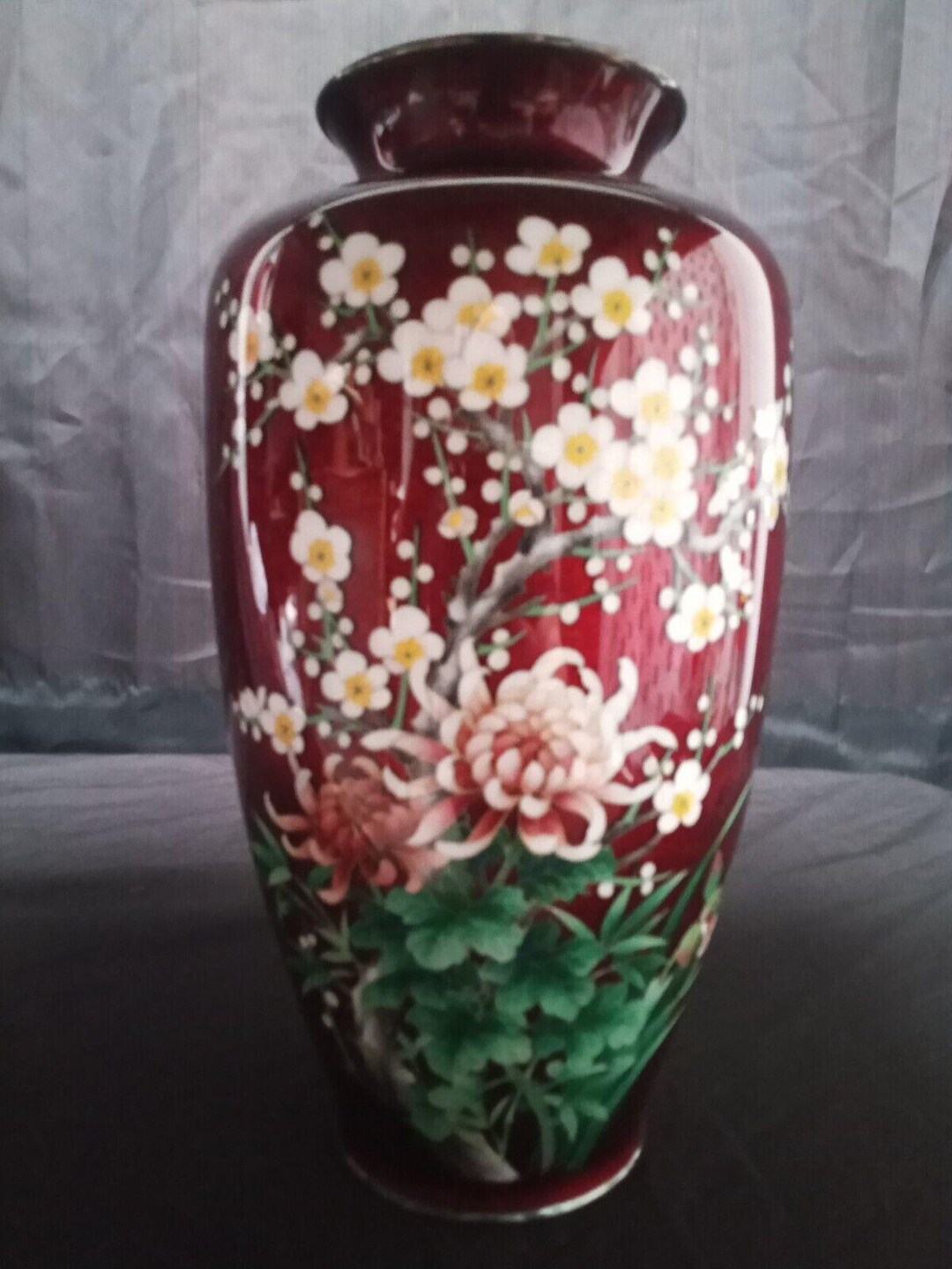 Large 12 Ando Ginbari Cloisonne Vase Red Ruby Japanese Silver Clean ...