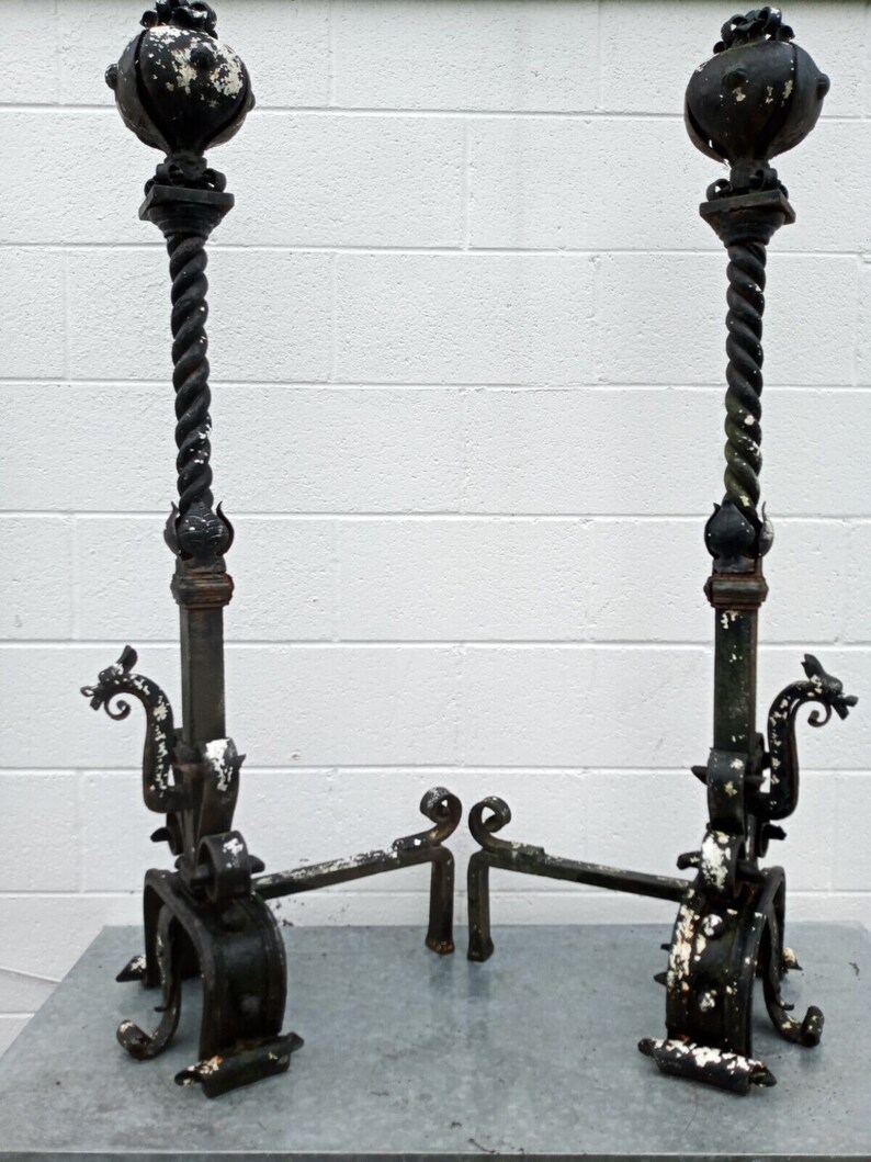 Huge 51" Palatial Wrought Iron Yellin Era Andirons Dragon Gothic Castle ...