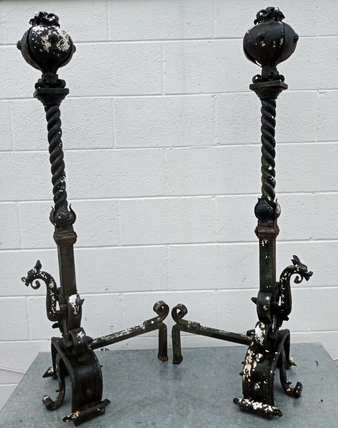 Huge 51" Palatial Wrought Iron Yellin Era Andirons Dragon Gothic Castle ...