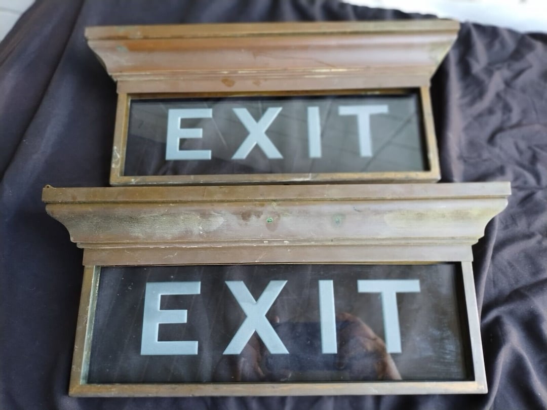 Pair 2 Antique Exit Light Signs Etched Glass Bronze Bank Office Circa ...