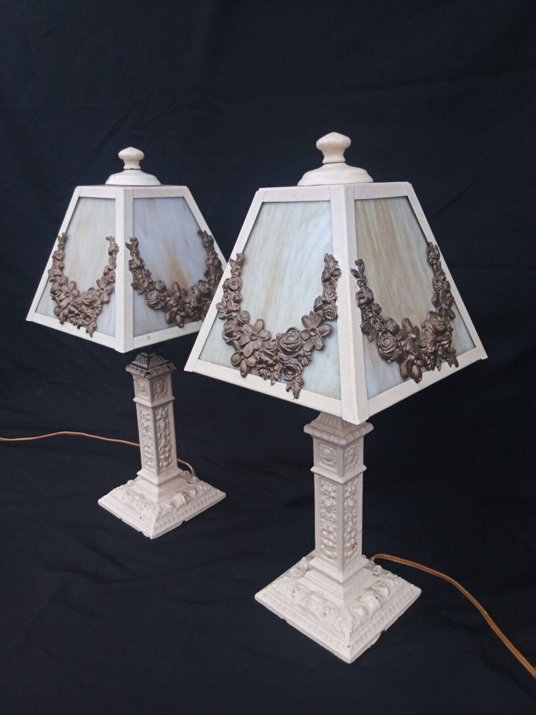 Pair 2 Antique Panel Lamp Swag Overlay Slag Glass Wired Boudoir 17.5" H ...