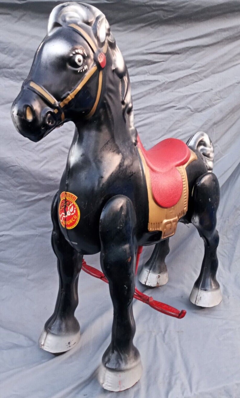 Antique Mobo Pressed Steel Bronco Large Riding Toy Dark Horse HTF Black ...