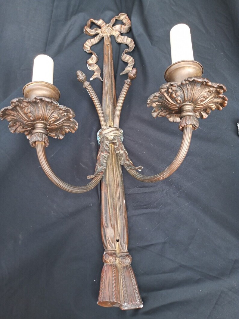 Set Antique Bronze Pair French Bow Ribbon Tassel Wall Sconces Caldwell ...