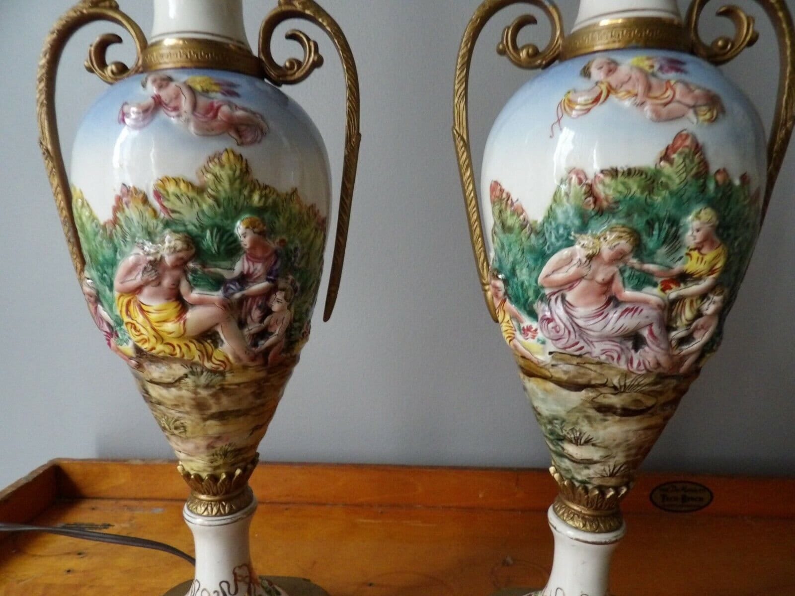 Fine Pair Vintage Capodimonte Urn Lamps Angels Nude Lady Cherubs 1920's ...