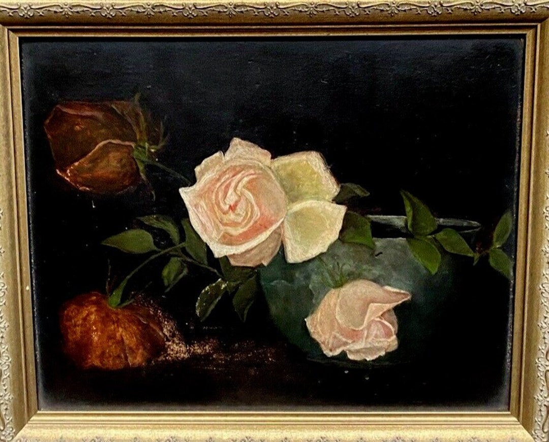 Victorian Antique Floral Still Life Roses Oil Painting 11x13.75" Circa ...