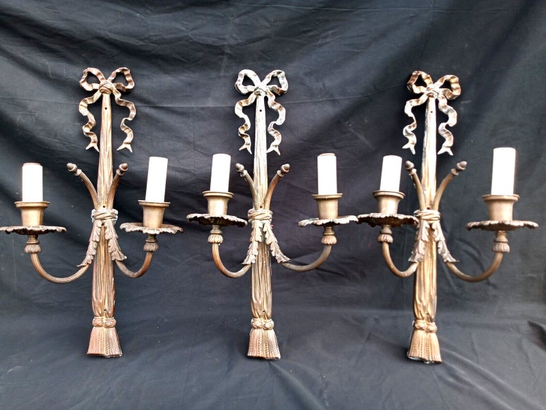 Set Antique Bronze Pair French Bow Ribbon Tassel Wall Sconces Caldwell ...