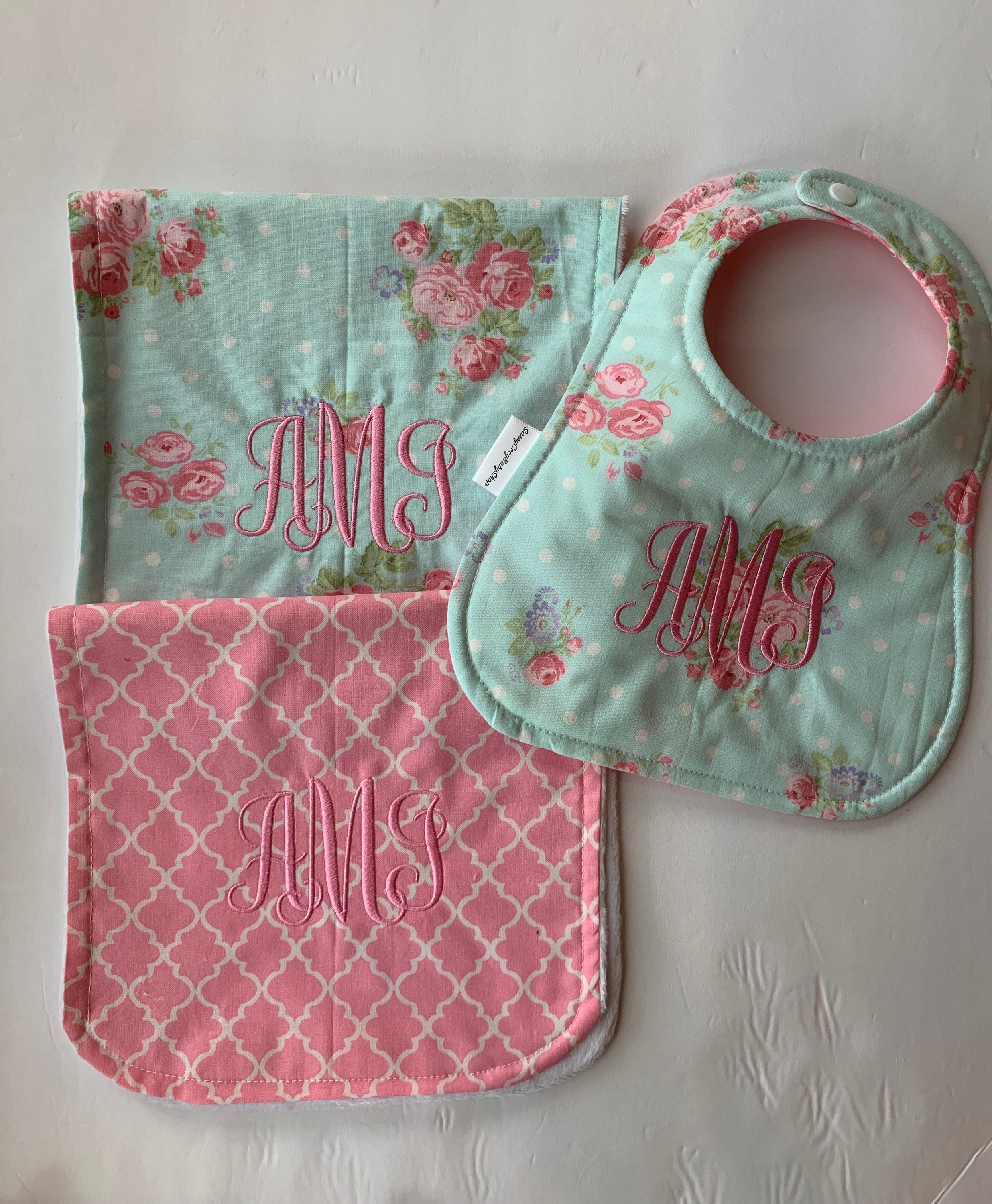 Handmade Bib, Personalized Girl Floral Bib and Burp Cloth, Customized ...