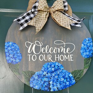 Hydrangea Welcome Sign, Hydrangea Door Decor, Blue Flowers, Door ...