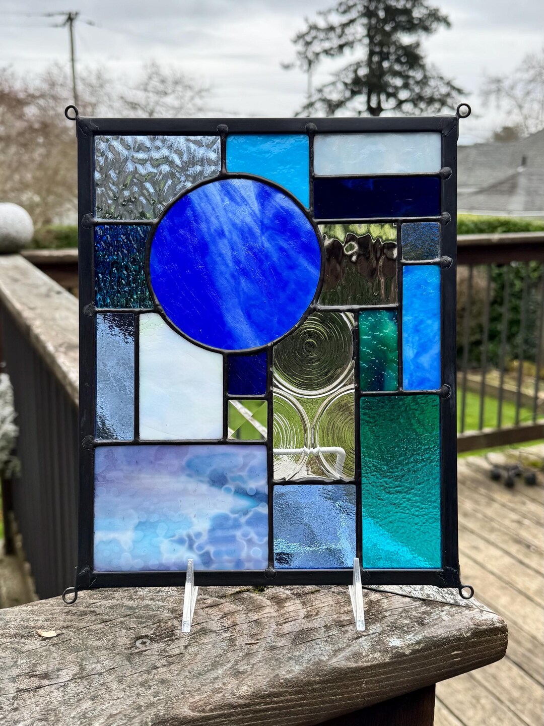 Blue and Clear Stained Glass Panel | Abstract Window Art With Faceted ...
