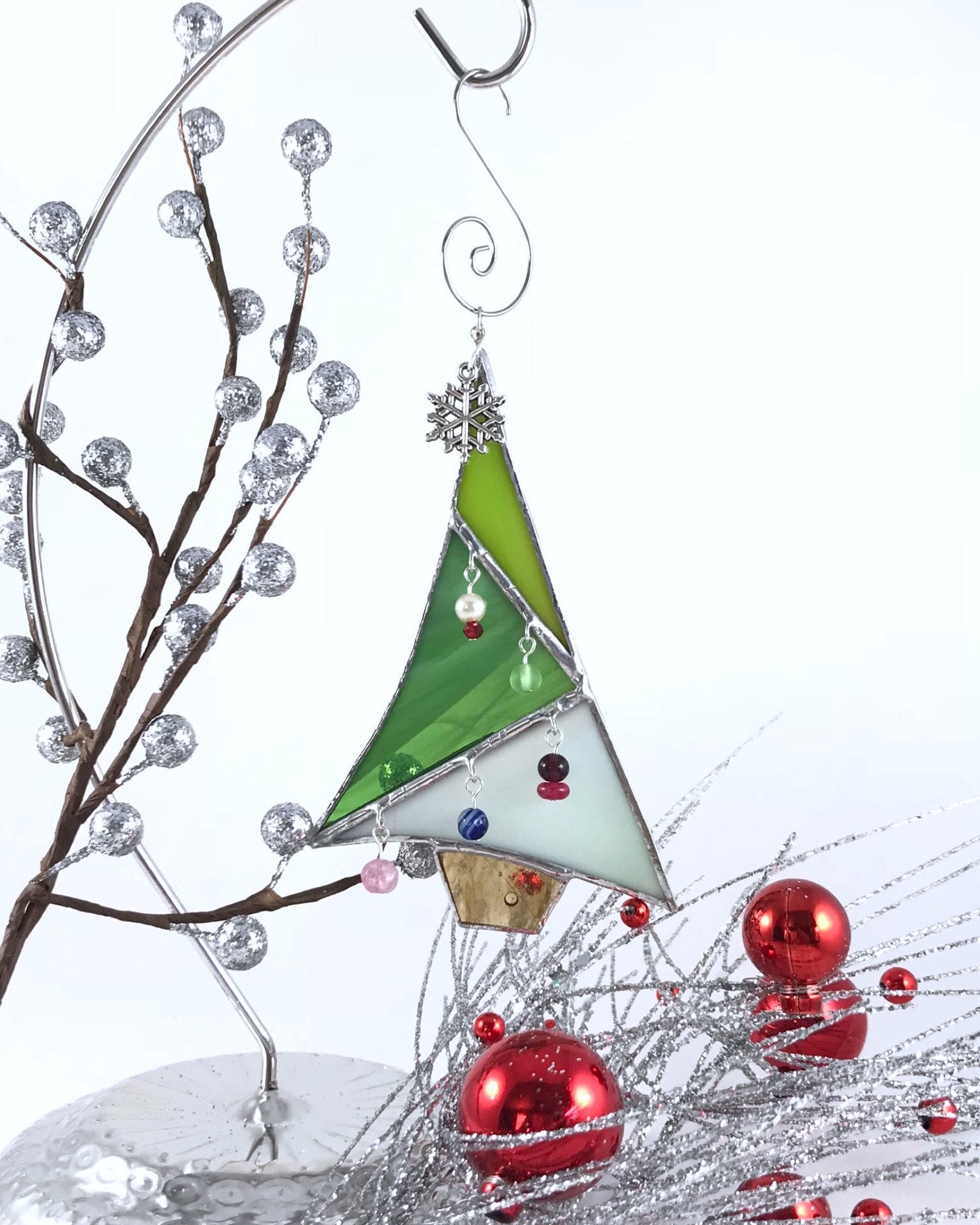 Abstract Stained Glass Christmas Tree Ornament | Gift Boxed | Green Red ...