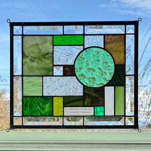 Modern Green Stained Glass Window | 10.5” X 12.5” | Abstract Wall Art ...