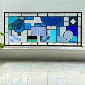 Handcrafted Abstract Stained Glass Suncatcher | Blue Clear With Gold ...