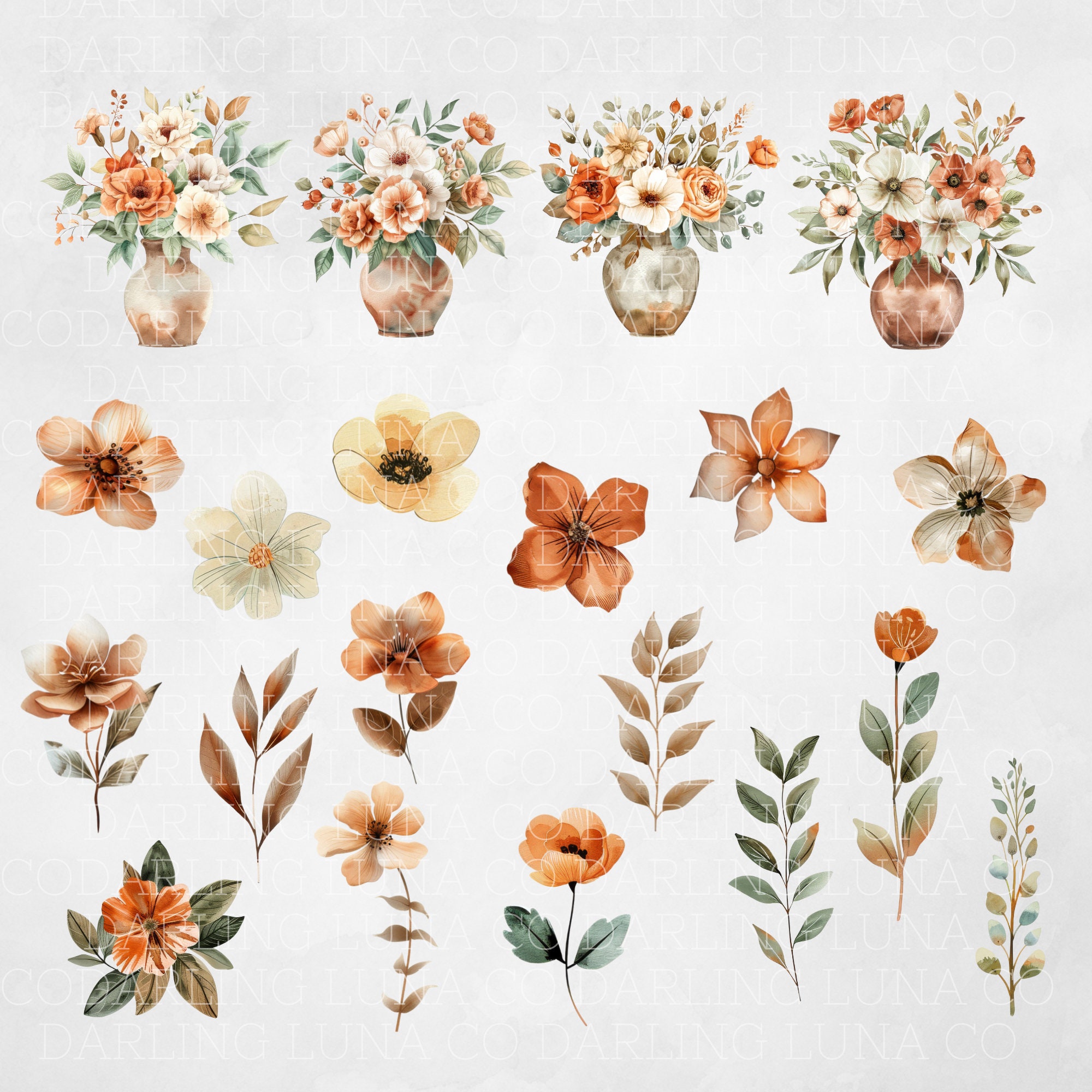 Terracotta Flowers, Terracotta Floral Png Clipart, Watercolor Flowers ...