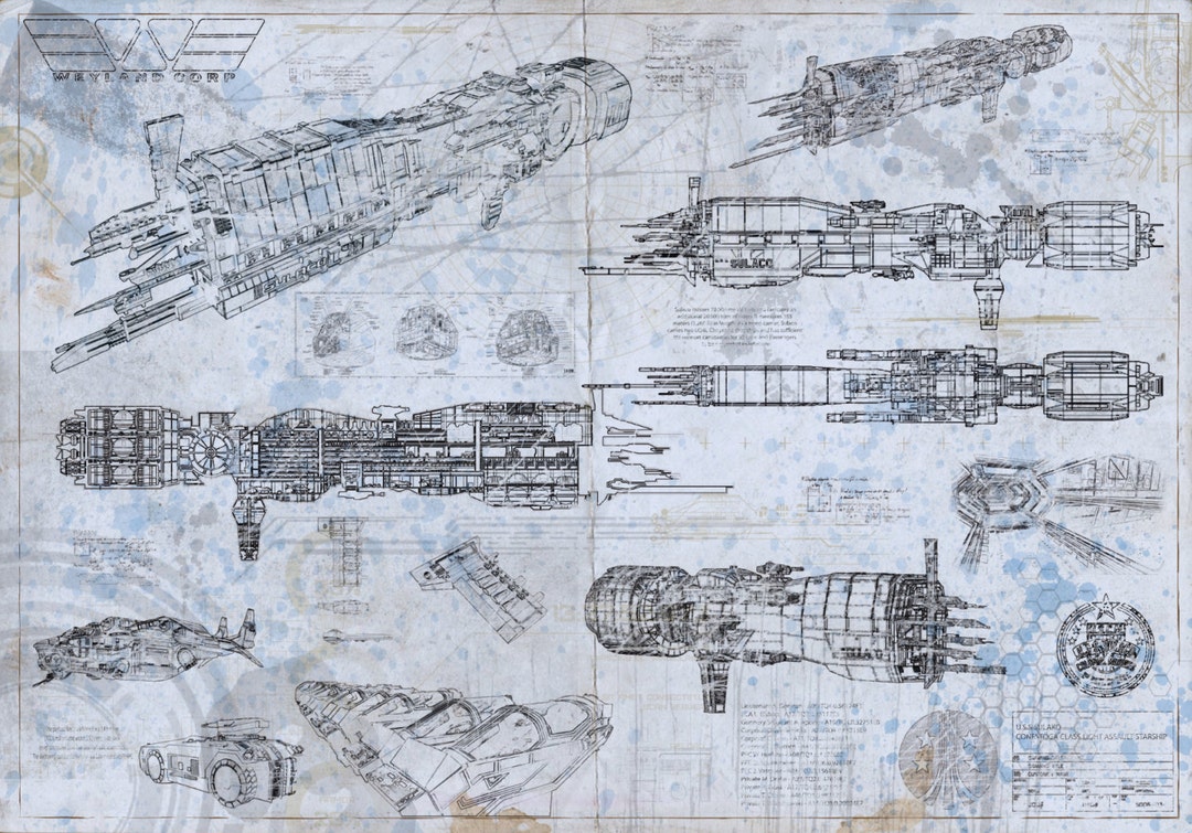 Aliens U.S.S Sulaco Aged Blueprint Design (A2 = 420mm*594 or 16.5' * 23 ...
