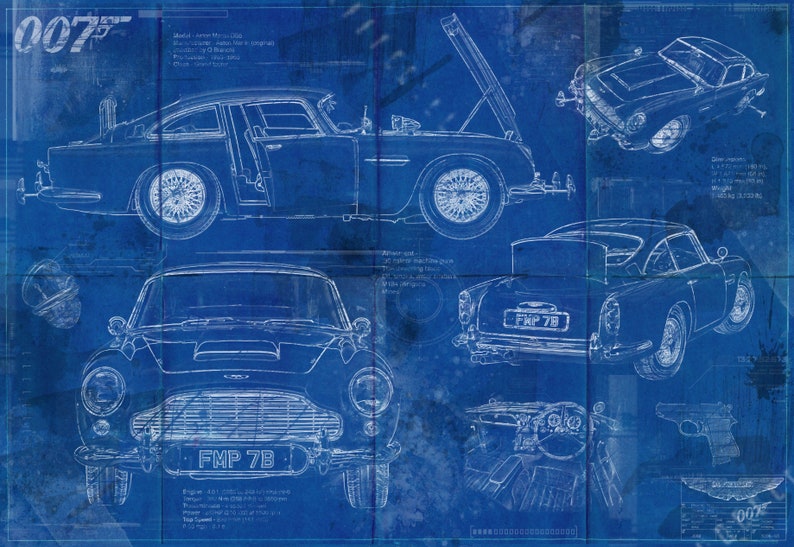 James Bond Aston Martin DB5 - Aged Blueprint Art Print. - Etsy UK