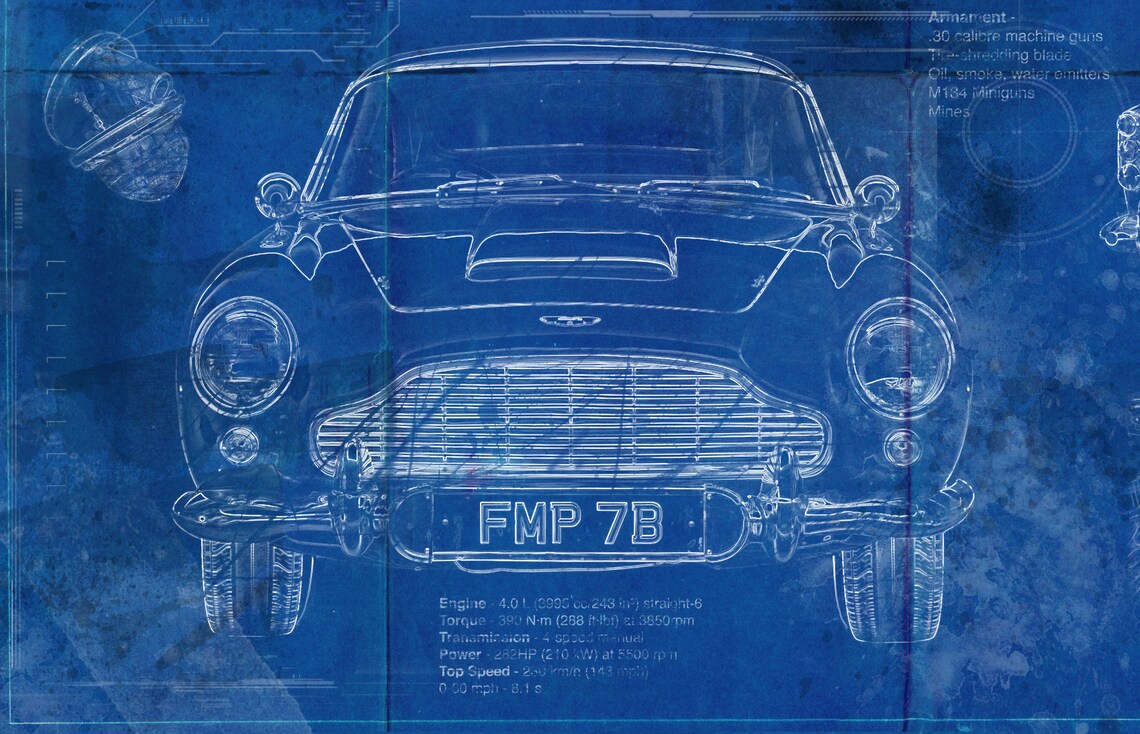 James Bond Aston Martin DB5 - Aged Blueprint Art Print. - Etsy