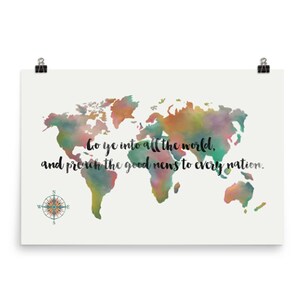 World Map Poster | Boho Watercolor Print | Great Commission Scripture ...