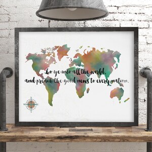 World Map Poster | Boho Watercolor Print | Great Commission Scripture ...