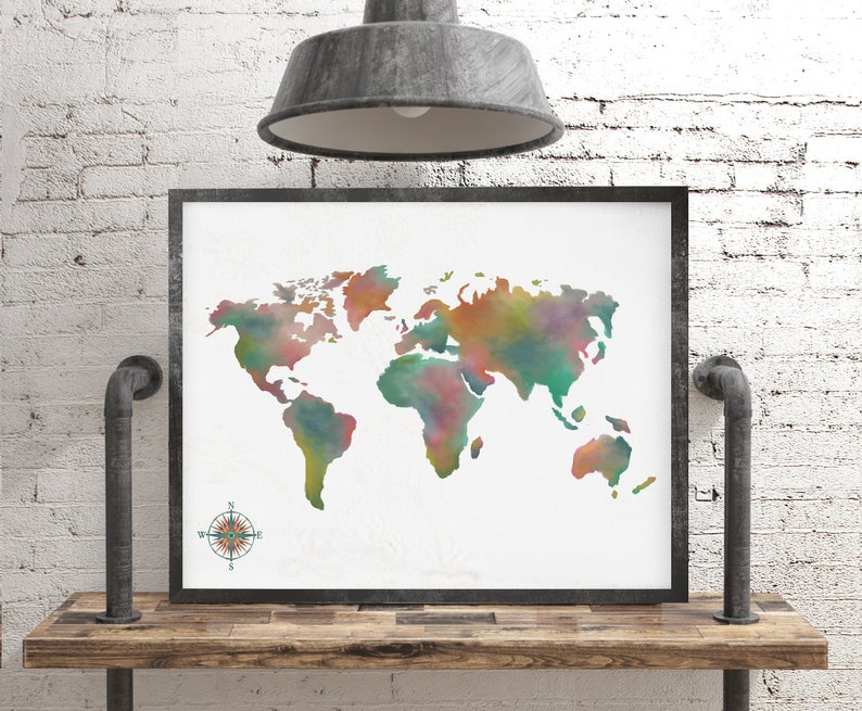 Boho World Map Poster Modern Watercolor Map Print Original - Etsy