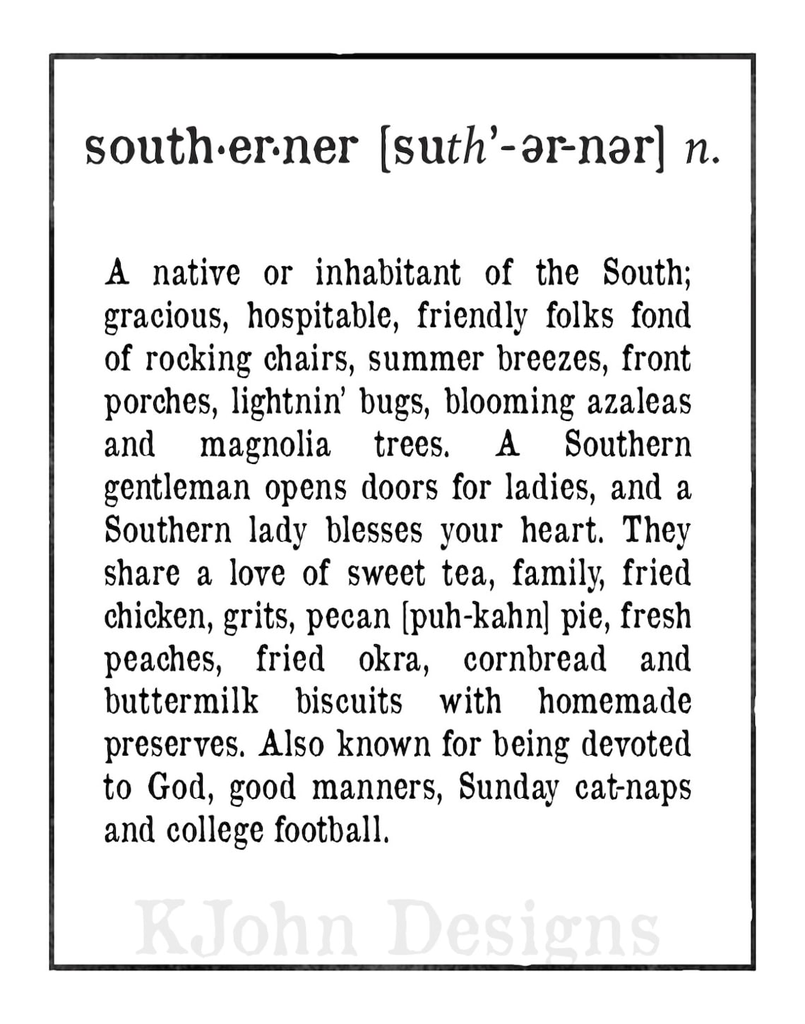 Southerner Definition Printable Wall Art Dictionary - Etsy
