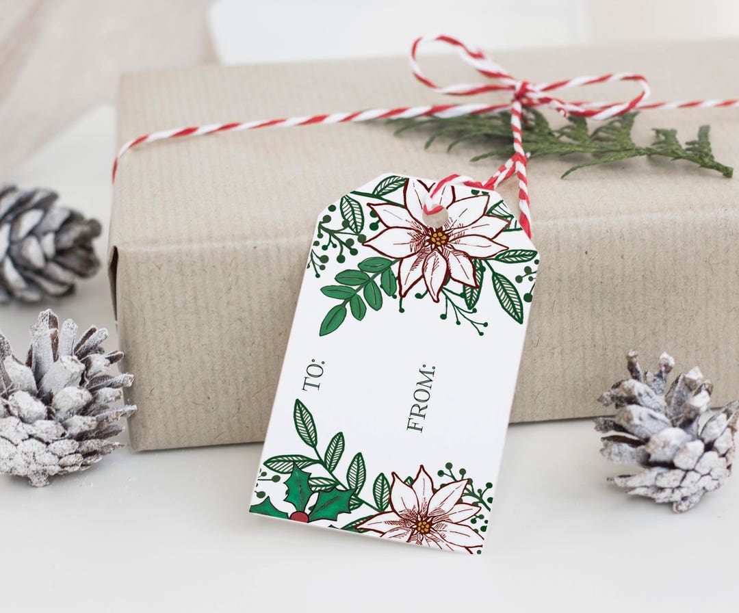 Floral Christmas Printable Tags | Poinsetta Digital Gift Tag | Holiday ...