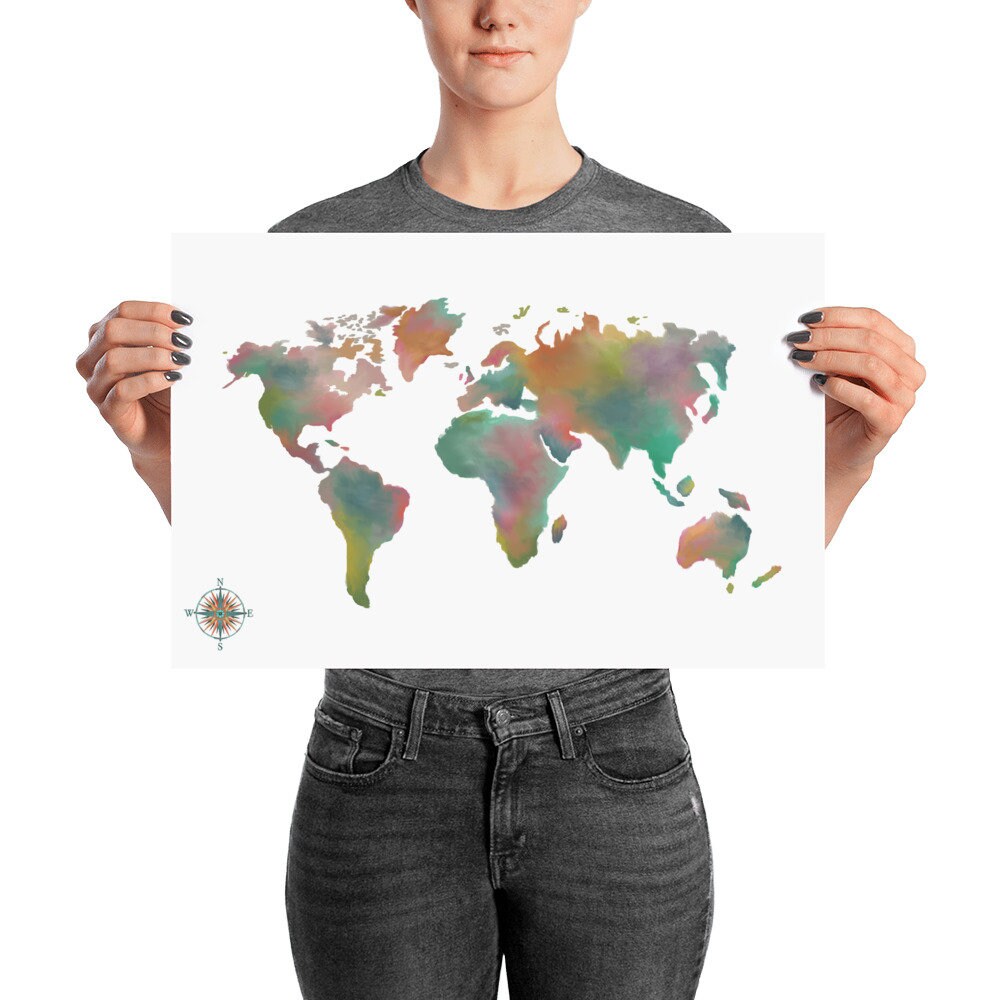 Boho World Map Poster Modern Watercolor Map Print Original - Etsy