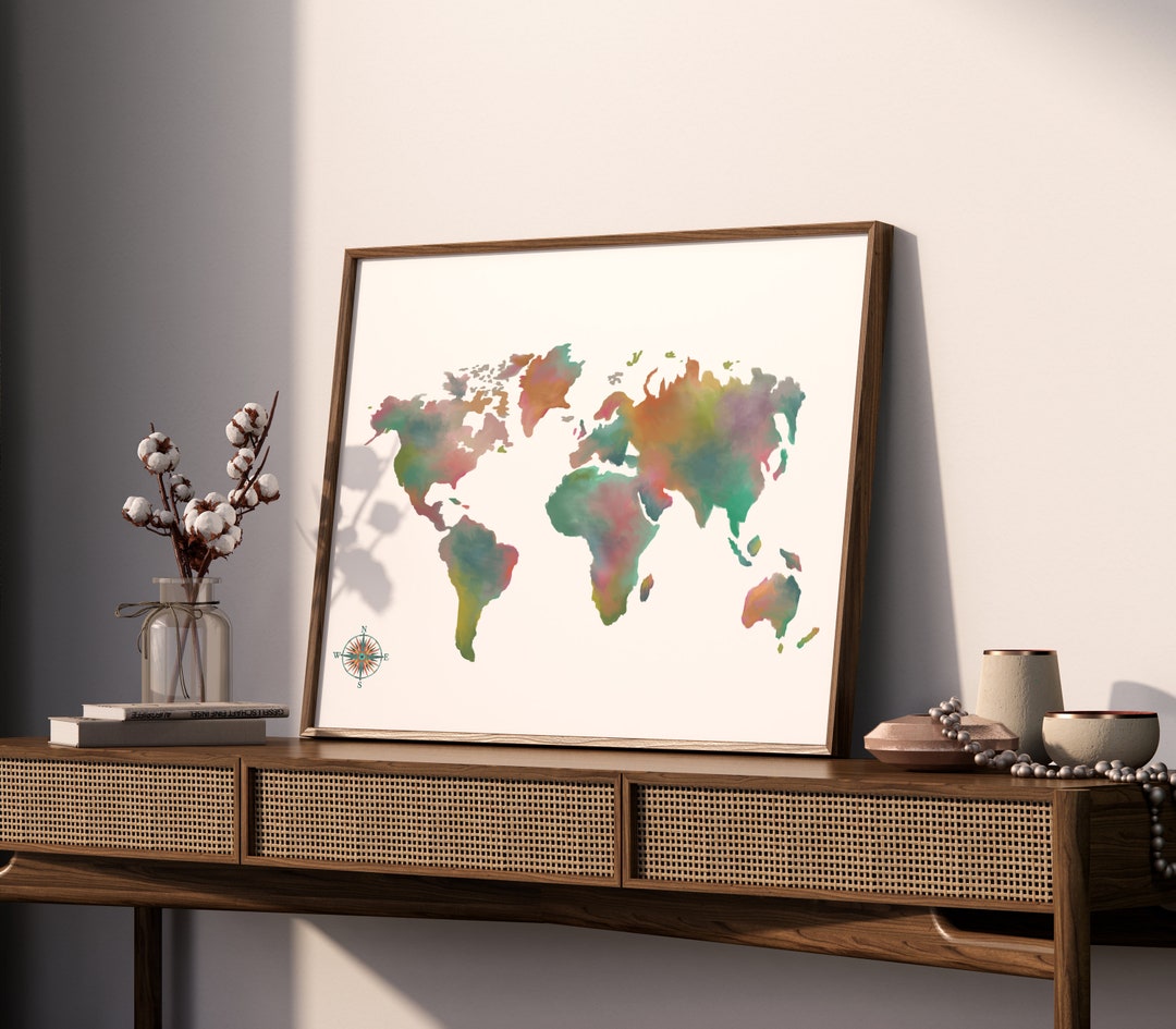 Boho World Map Poster Modern Watercolor Map Print Original - Etsy