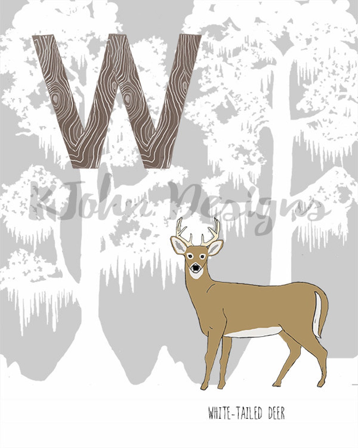 Bayou Alphabet Critters. Letter W. White-tailed Deer. Children's Room ...