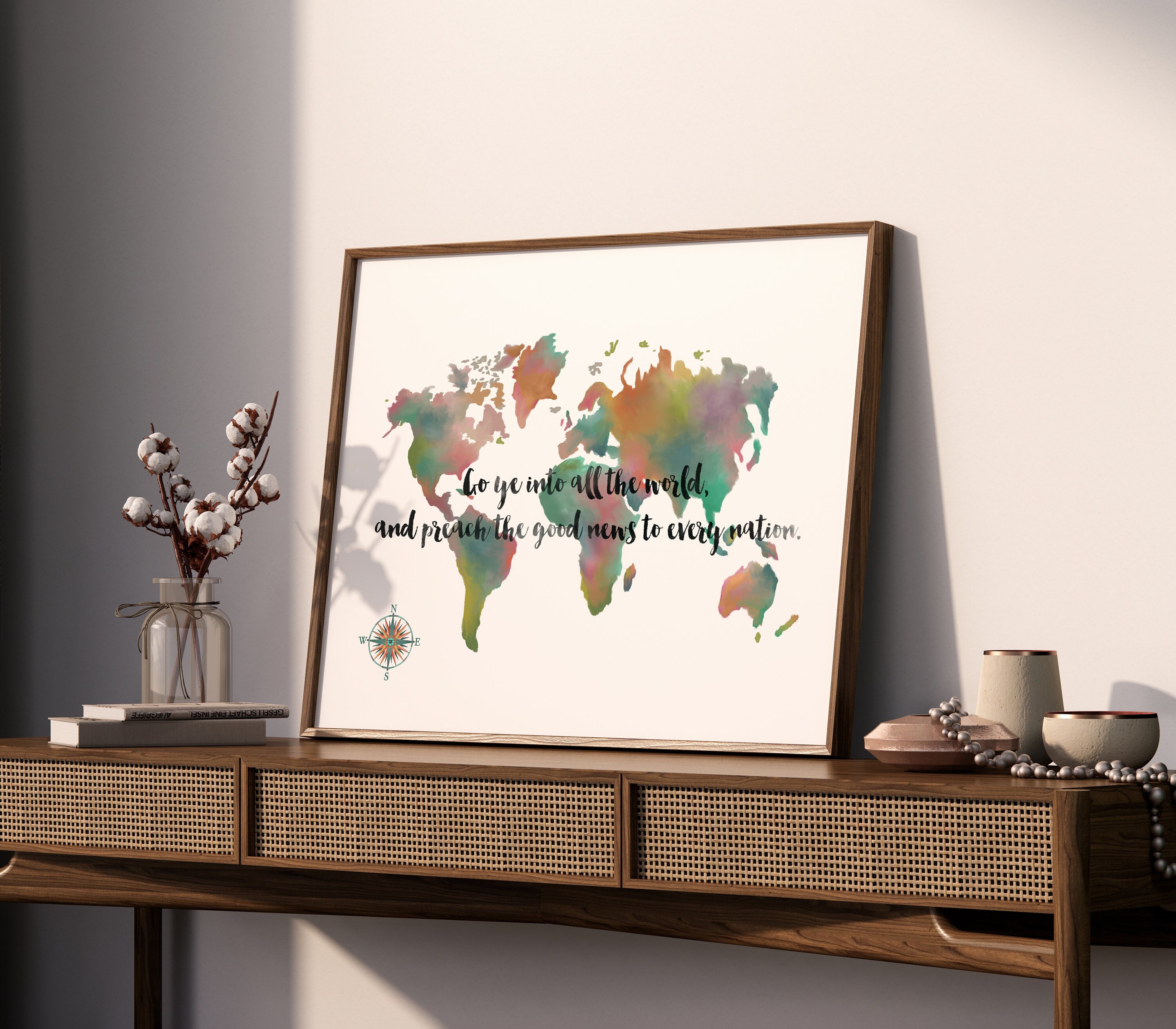 World Map Poster | Boho Watercolor Print | Great Commission Scripture ...