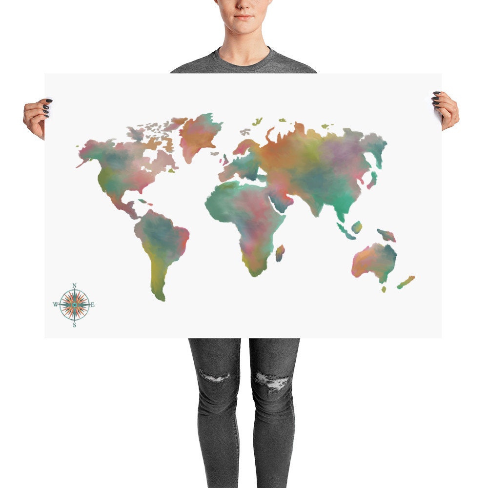 Boho World Map Poster Modern Watercolor Map Print Original - Etsy