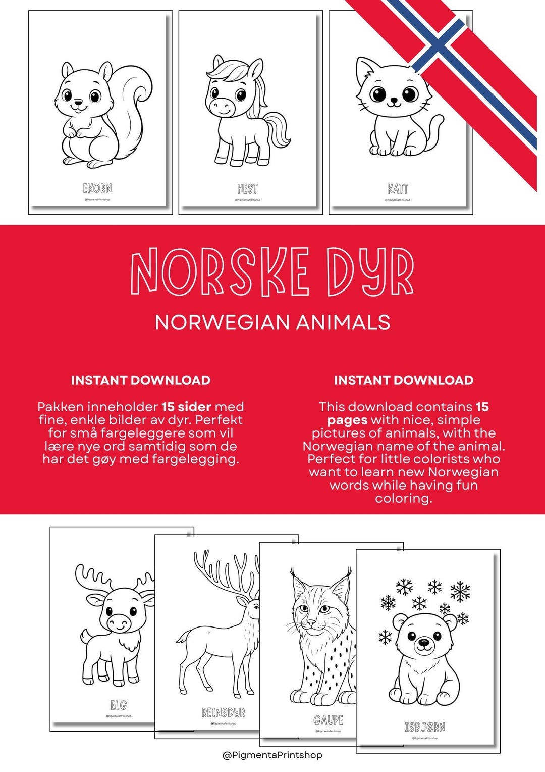 Norwegian Animals Coloring Pages: Learn Norwegian Vocabulary (A4 PDF ...