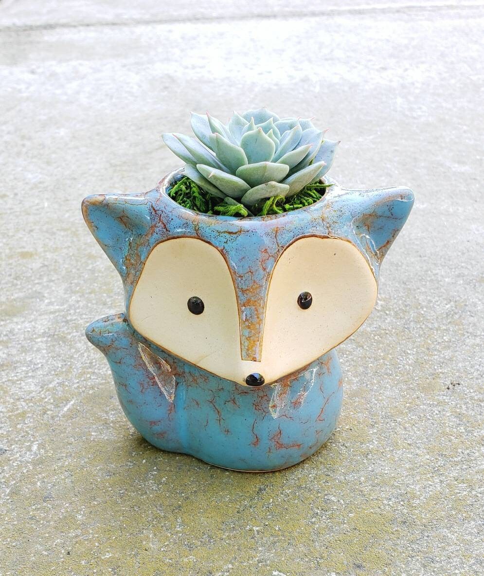 Cute Turquoise/brown Fox Animal Planter Pot With Living | Etsy
