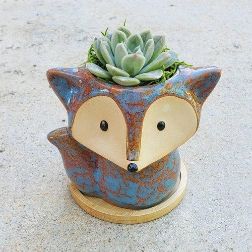Cute Turquoise/brown Fox Animal Planter Pot With Living - Etsy