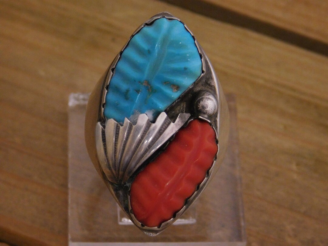 Zuni Carved Feather Turquoise and Coral Sterling Silver Men's Ring Size ...