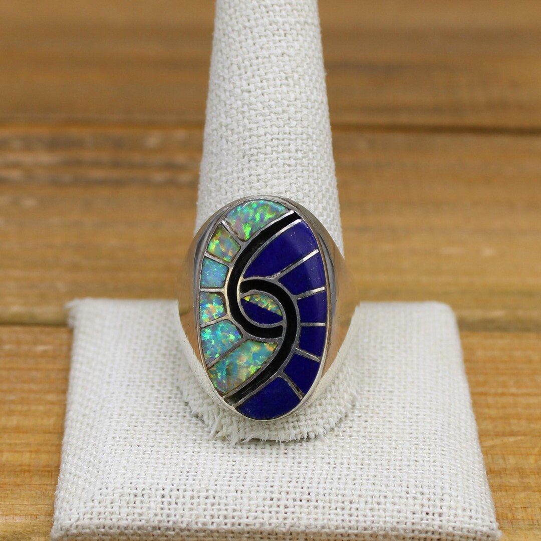 Vintage Sterling Silver Amy Wesley Zuni Lab Opal and Lapis Inlay Ring ...
