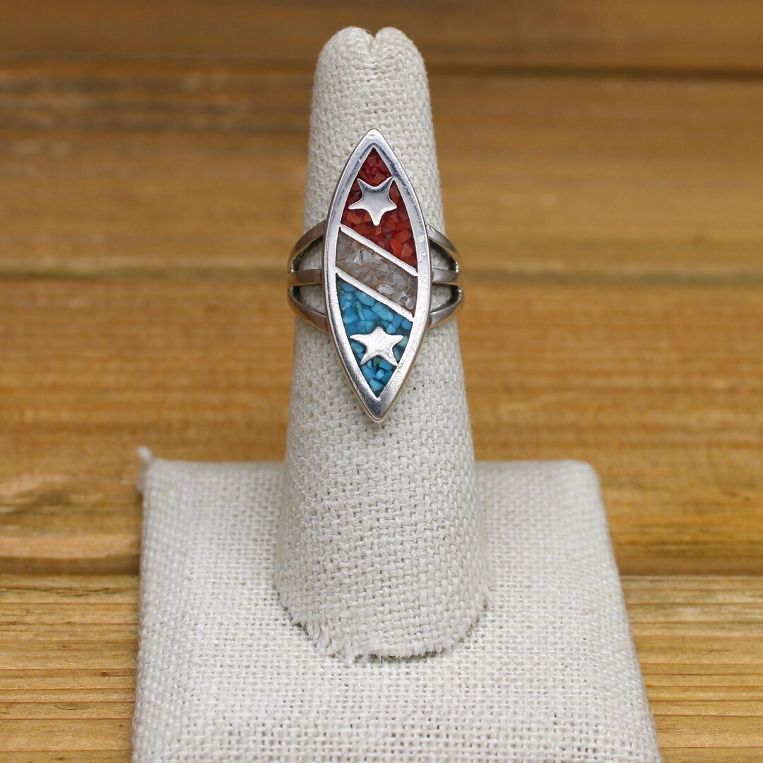 Vintage Sterling Silver America Theme Multi-stone Chip Inlay Ring Size ...