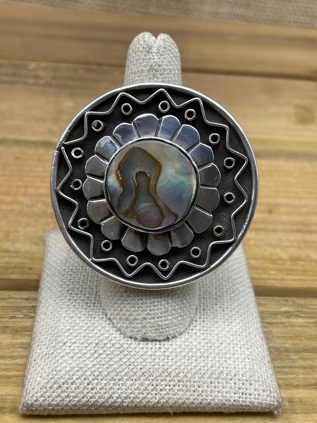Vintage Sterling Silver Abalone Shell Large Round Ring Size 8.5 - Etsy