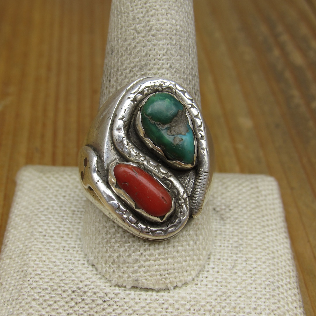 Vintage Turquoise and Coral Zuni Ring by Ray and Rosemary Nieto Size 11 ...