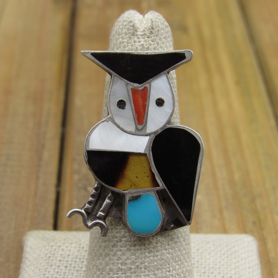 Vintage Owl Multi-stone Inlay Ring Size 6.5 - Etsy