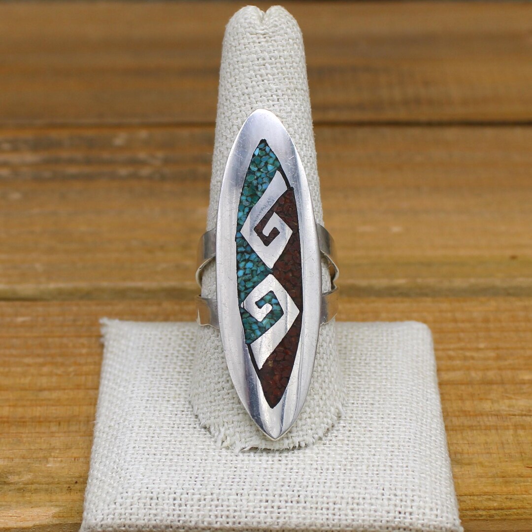Vintage Sterling Silver Long Turquoise and Coral Chip Inlay Ring Size ...