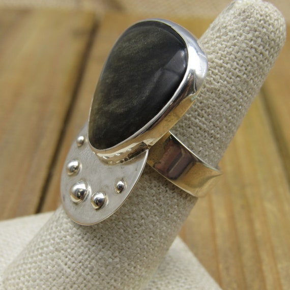 Sterling Silver Gold Sheen Obsidian Adjustable Ring - Gem