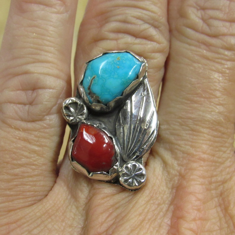 Vintage Sterling Silver Turquoise & Coral Ring Size 5.5 | Etsy