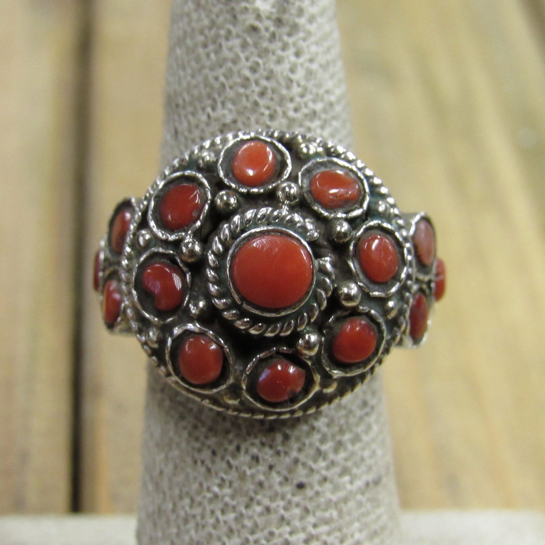 Vintage Sterling Silver Round Coral Cluster Ring Size 8.25 - Etsy