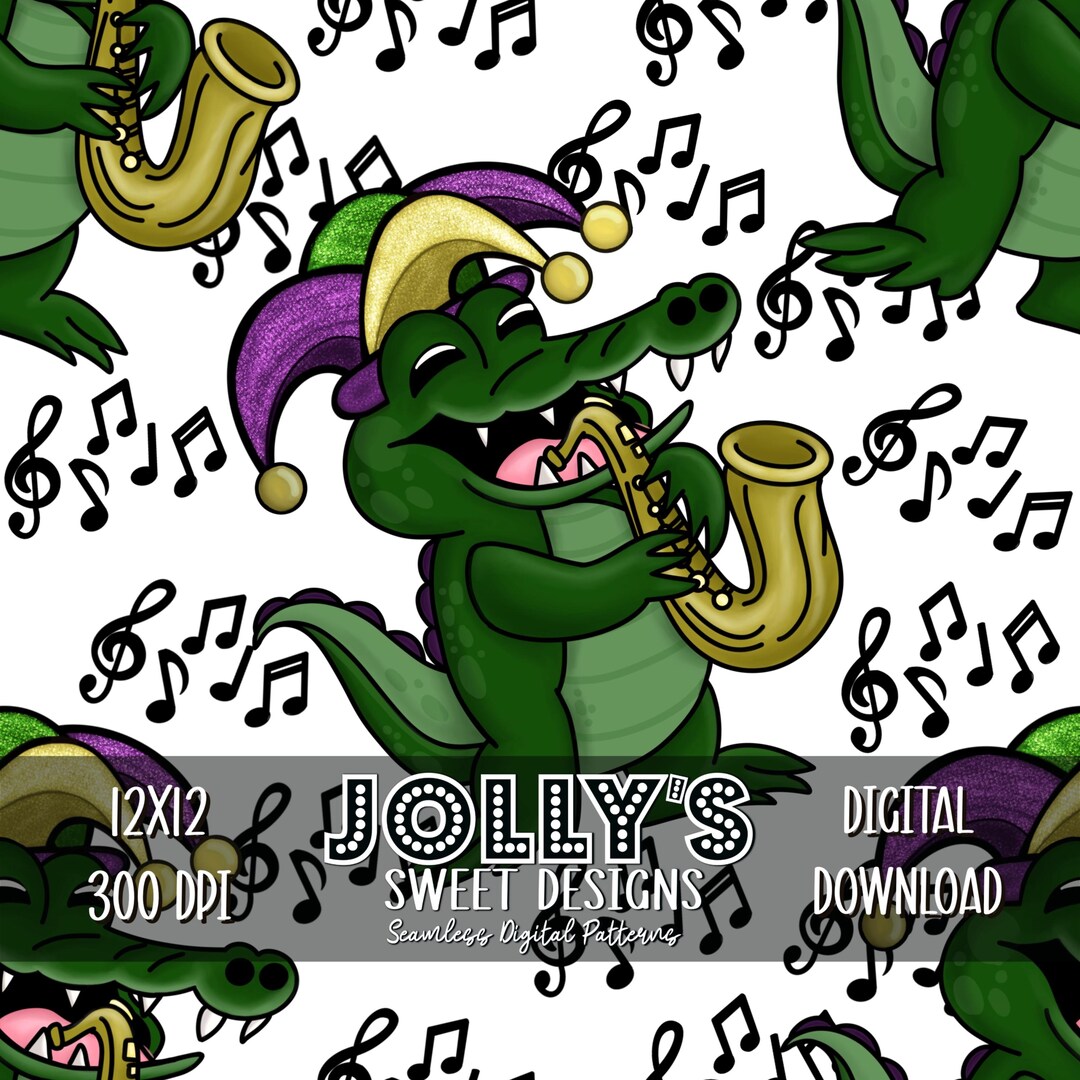 Mardi Gras Alligator Seamless Pattern | Music Notes Jazz Gator (PNG ...