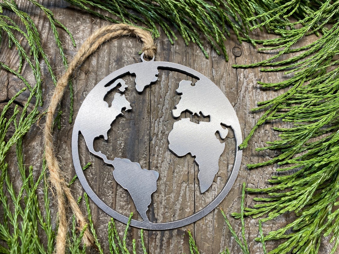 Steel World Map Ornament: Rustic Travel Gift - Etsy